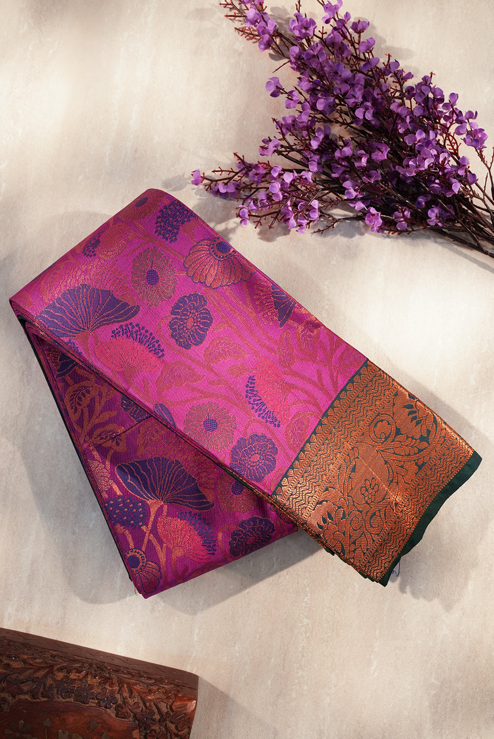 Radiant Magenta Silk Saree with Copper Zari Floral Motifs – Rajmahal ...