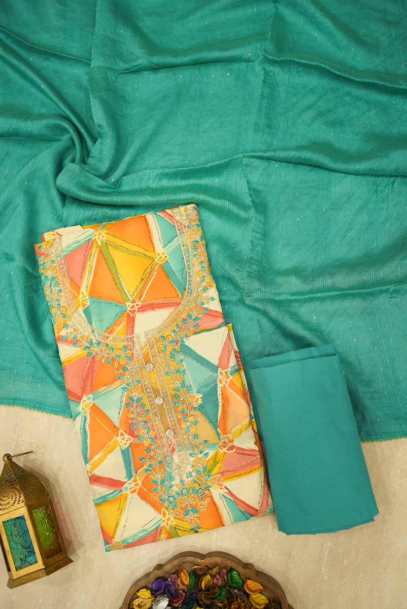Geometric Print Salwar Suit with Embellished Neckline – Rajmahal Silks ...
