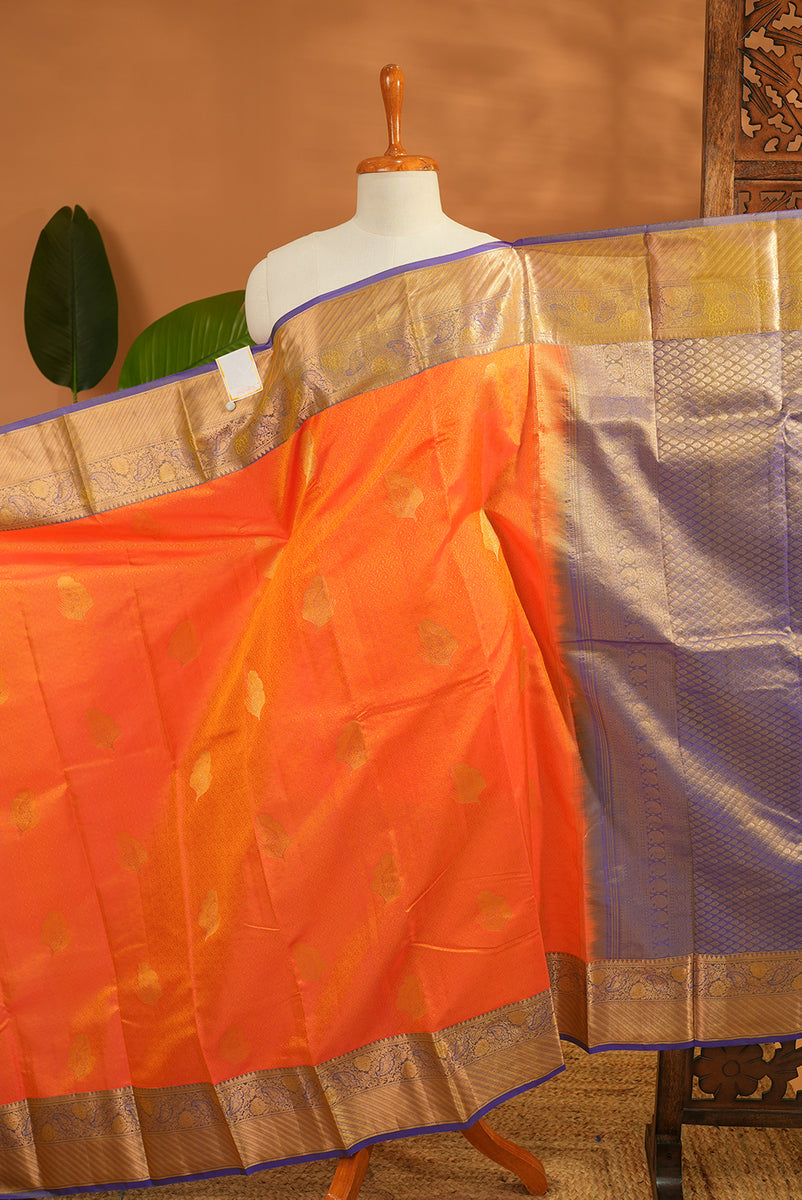 Orange Pure Silk Saree with Royal Purple Zari Border – Rajmahal Silks ...