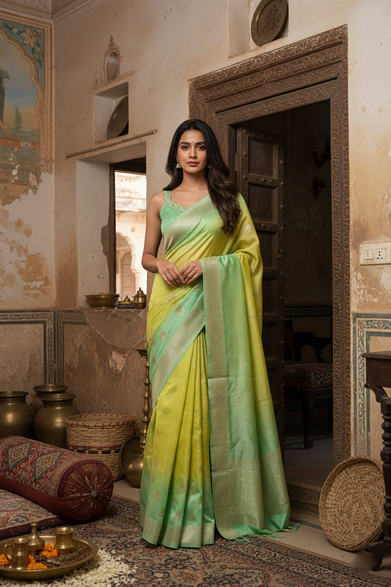 Dual-Tone Raw Silk Saree with Tulip Motifs – Rajmahal Silks | Silk ...
